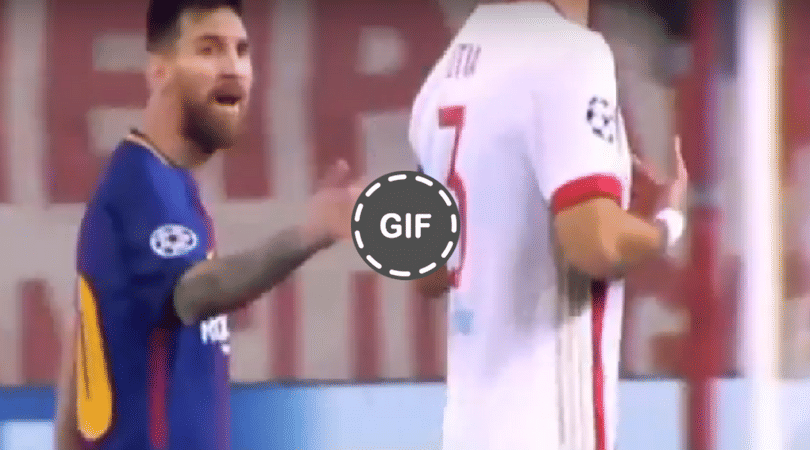 Lionel Messi shows his anger on Alberto Botia during the game between ...