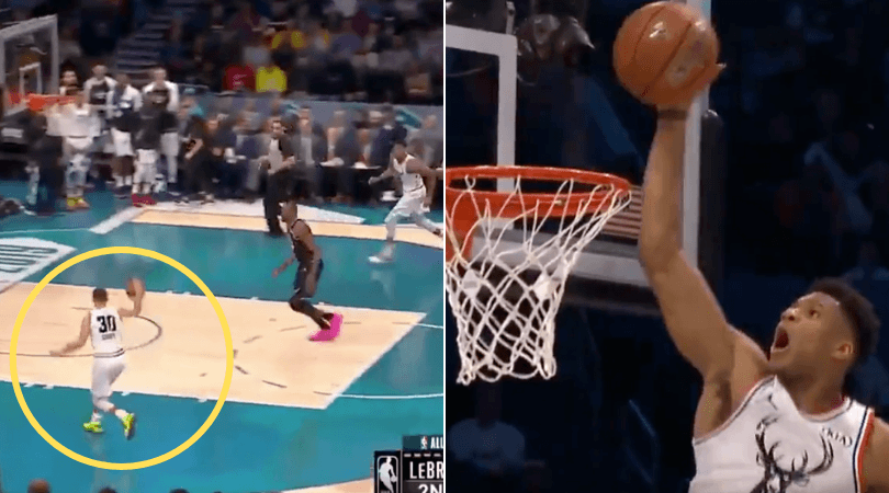 WATCH: Steph Curry gives bounce pass alley-oop to Giannis who banks it in - The SportsRush