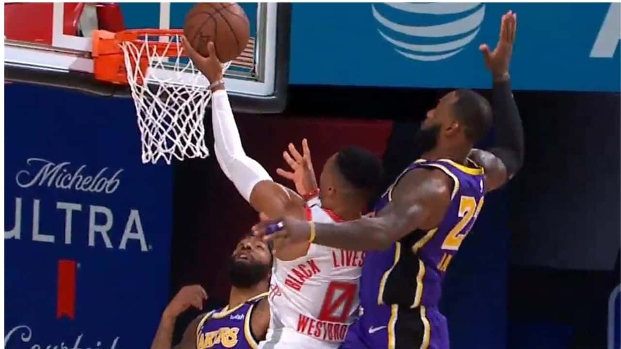 LeBron James gets an 'and-1 layup' after blocking Russell Westbrook ...